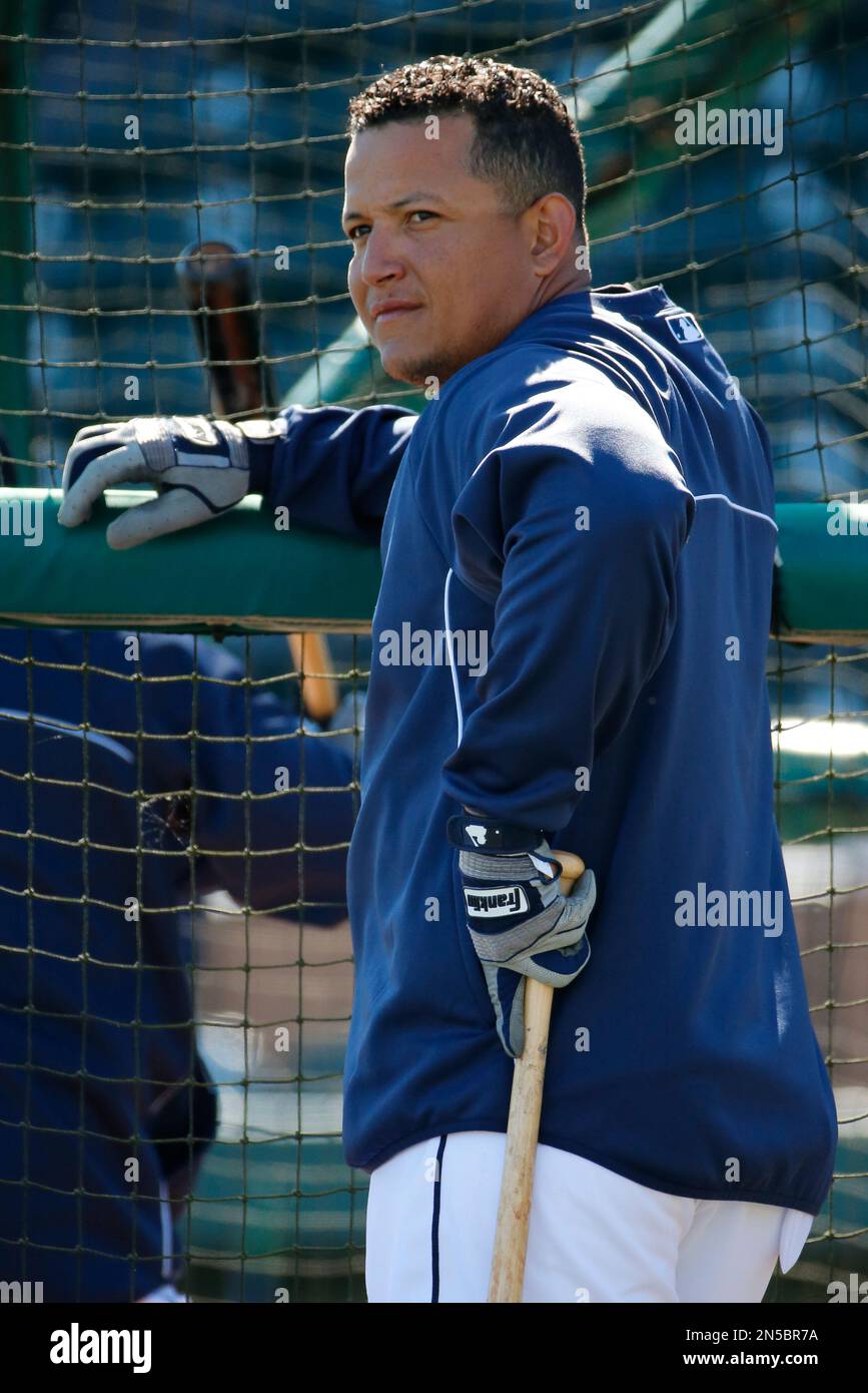 Detroit Tigers' Miguel Cabrera waits his turn in the batting cage ...