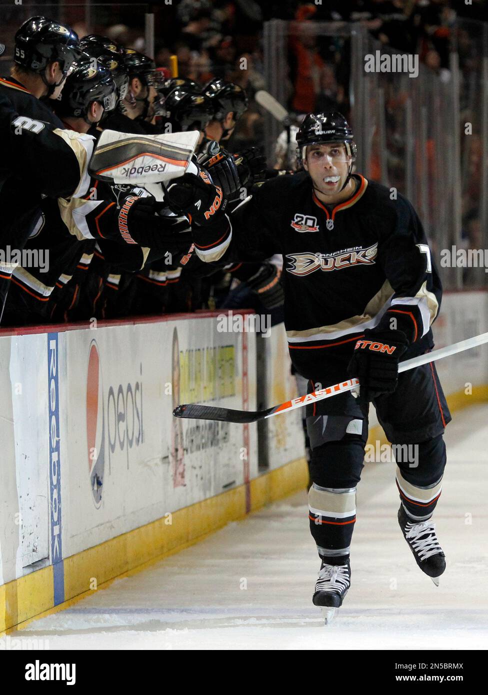 Anaheim Ducks bench celebrates a goal by center Andrew Cogliano, right ...