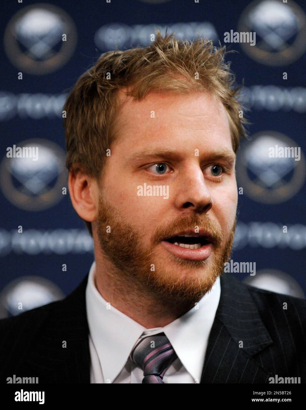 Former Buffalo Sabres captain Steve Ott talks with the media during a ...