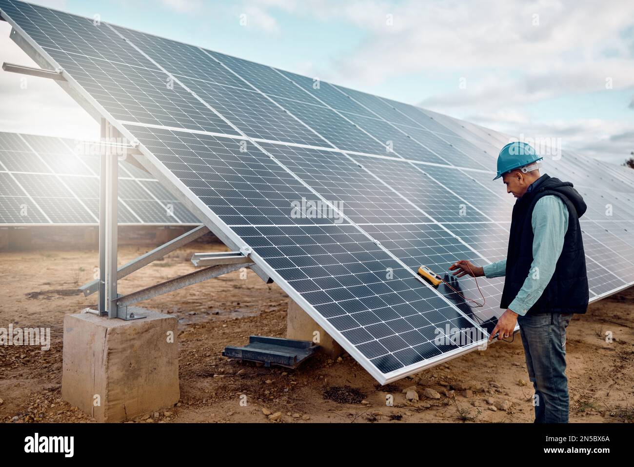Renewable energy, solar panel and senior construction worker outdoor ...