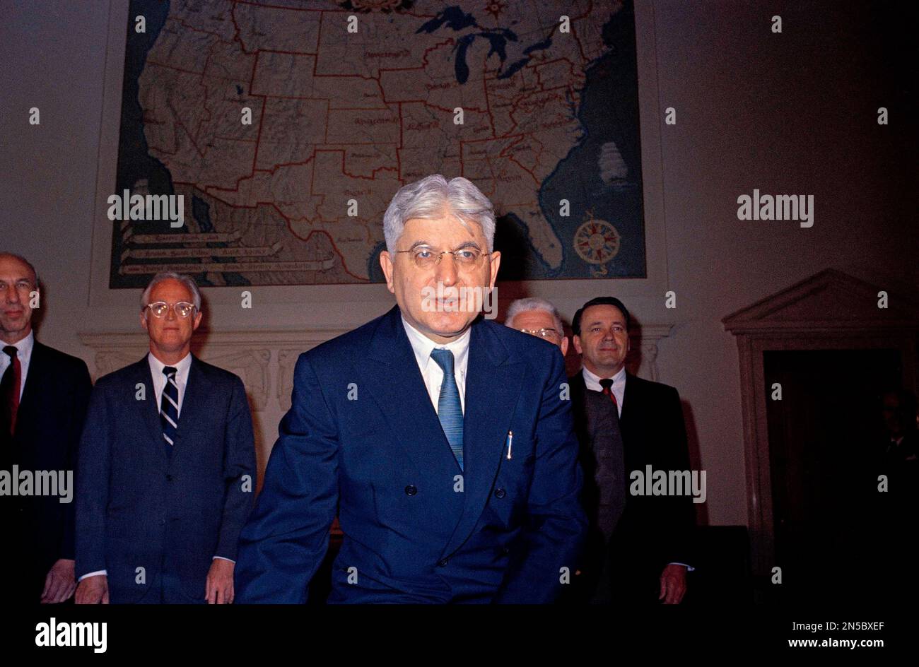 Arthur J. Burns, chairman of the Federal Reserve Board, is pictured in ...