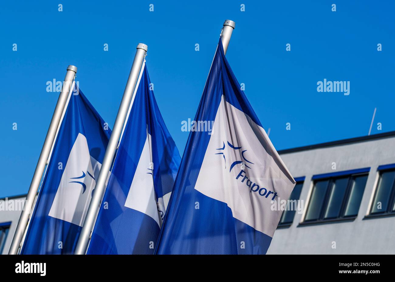 PRODUCTION - 08 February 2023, Hesse, Frankfurt/Main: Flags with the ...