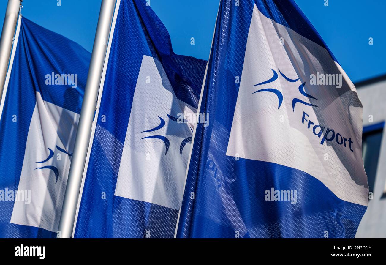 PRODUCTION - 08 February 2023, Hesse, Frankfurt/Main: Flags with the ...