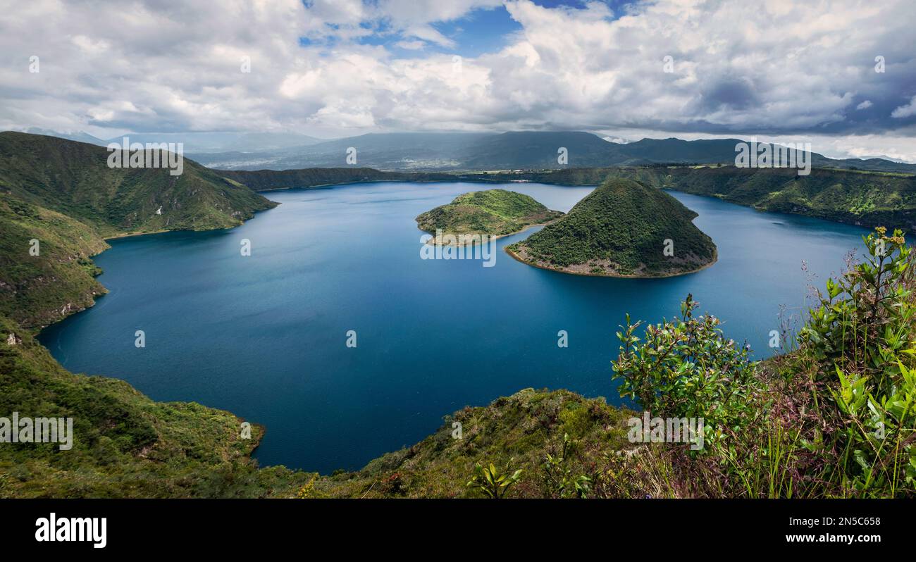 Panoramic view of Cuicocha Volcanic Lagoon, Cotacachi, Ecuador Stock ...