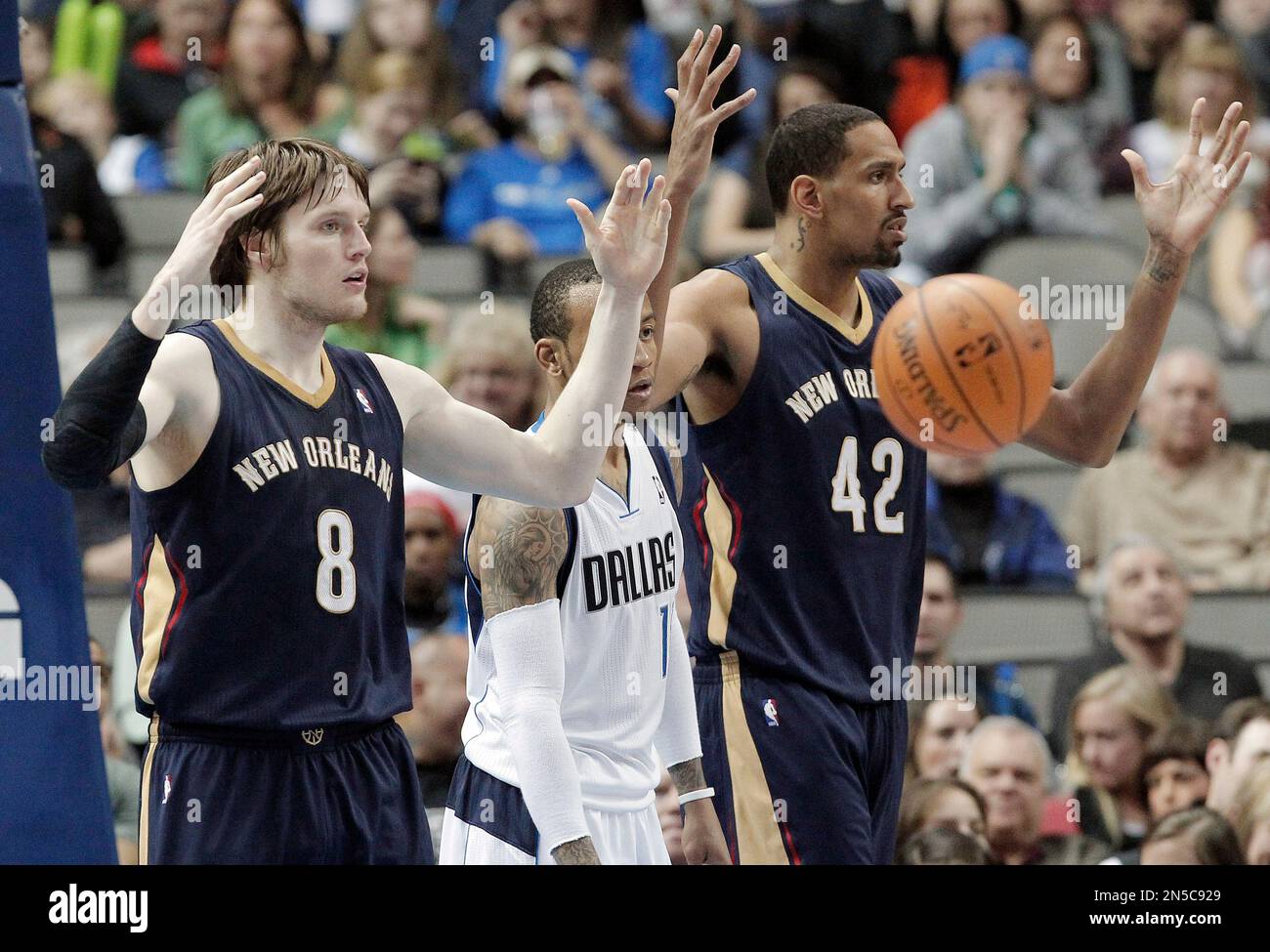 New Orleans Pelicans' forwards Luke Babbitt (8) and Alexis Ajinca (42 ...