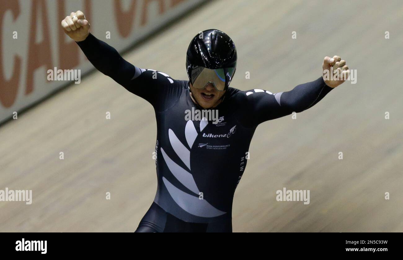 New Zealand's Aaron Gate celebrates after his team won the bronze medal ...