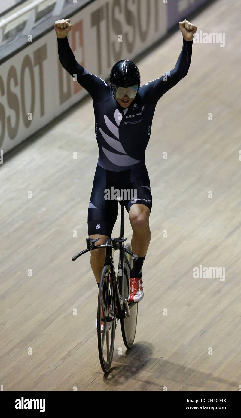 New Zealand's Aaron Gate celebrates after his team won the bronze medal ...
