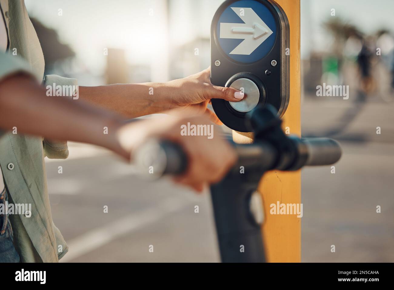 Woman, hands and pressing pedestrian crossing signal for safety ...