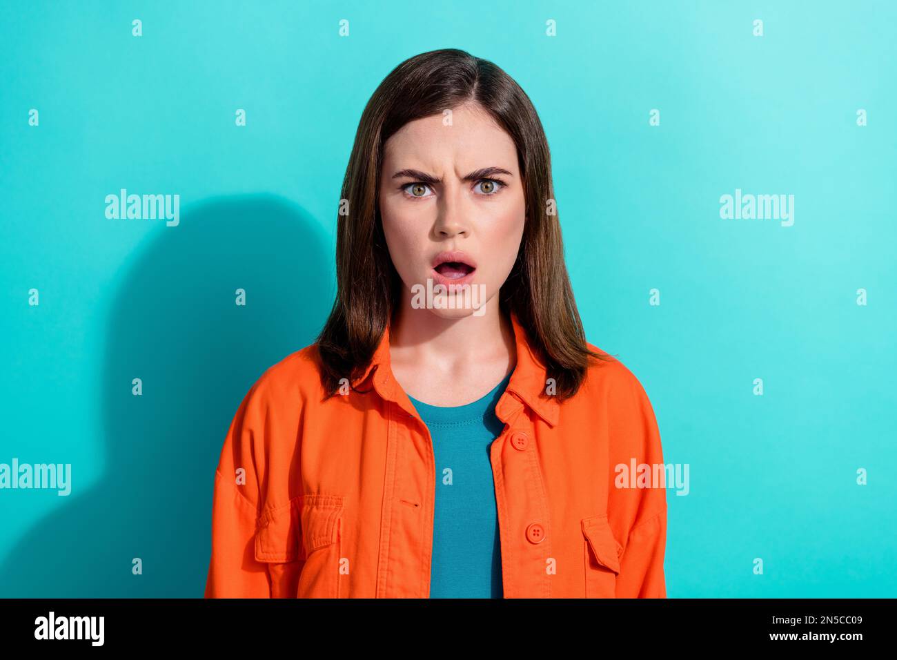 Photo of stressed depressed lady wear trendy orange clothes open mouth ...