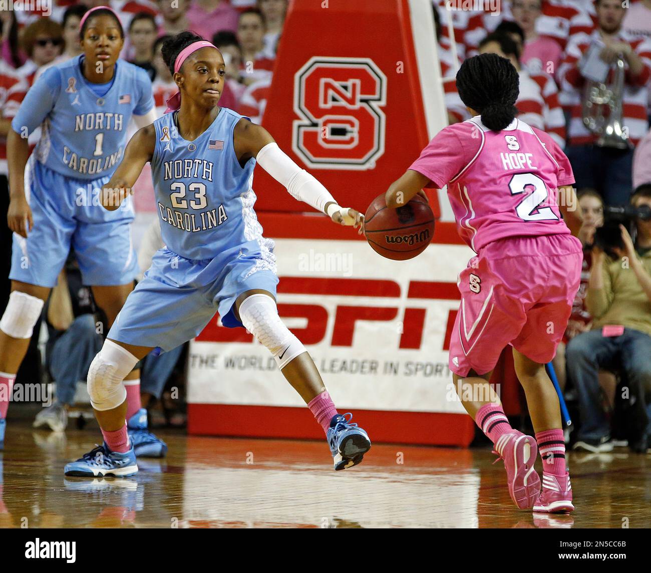 North Carolina State's Len'Nique Brown (2) is challenged by North ...
