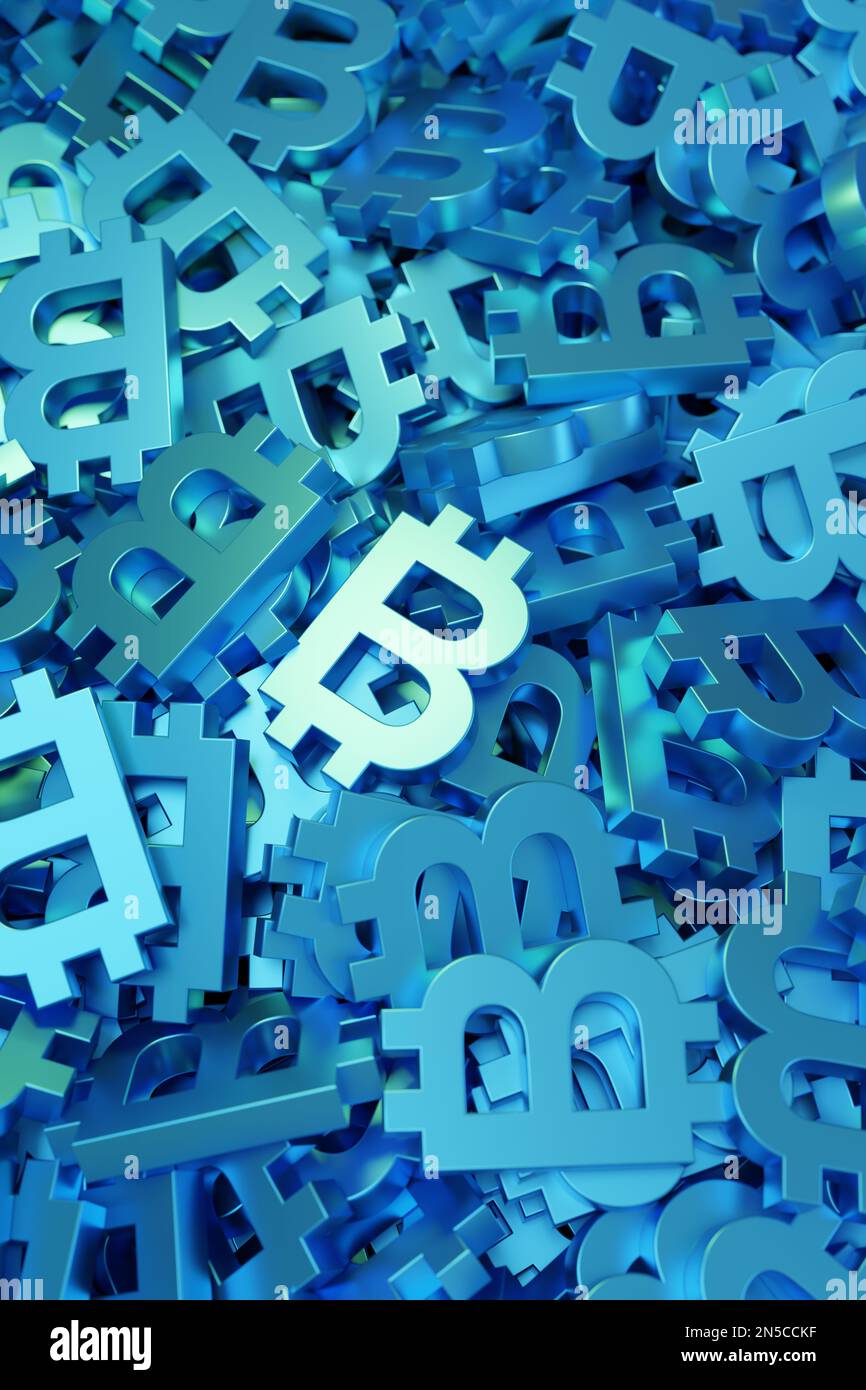 Blue bitcoin symbols background. 3d illustration Stock Photo - Alamy