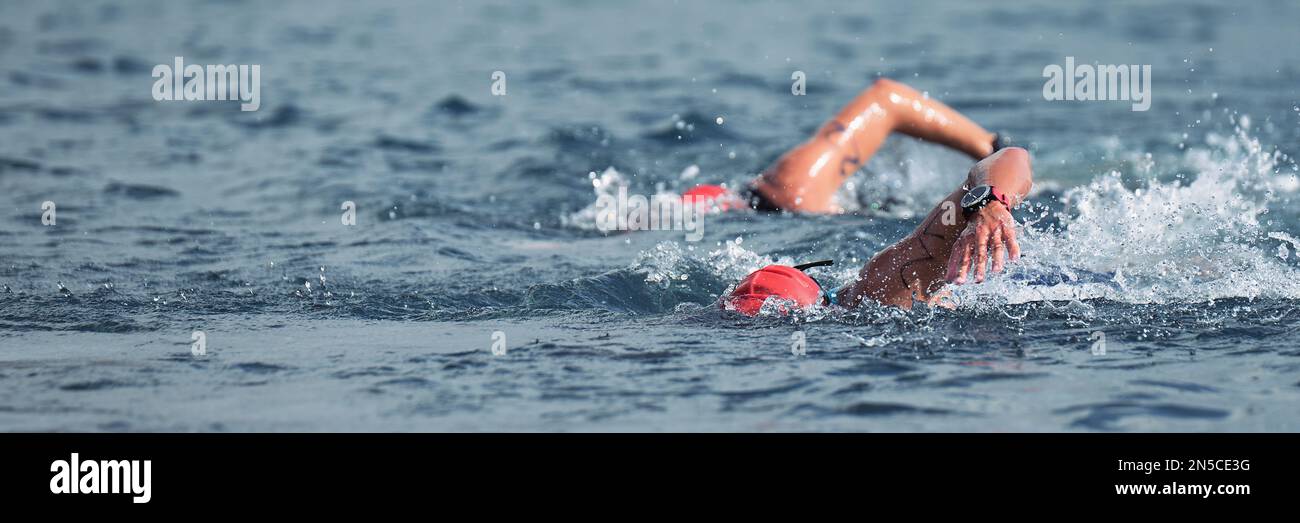 Triathlon swimmers churning up the water two swimmers in races in ...