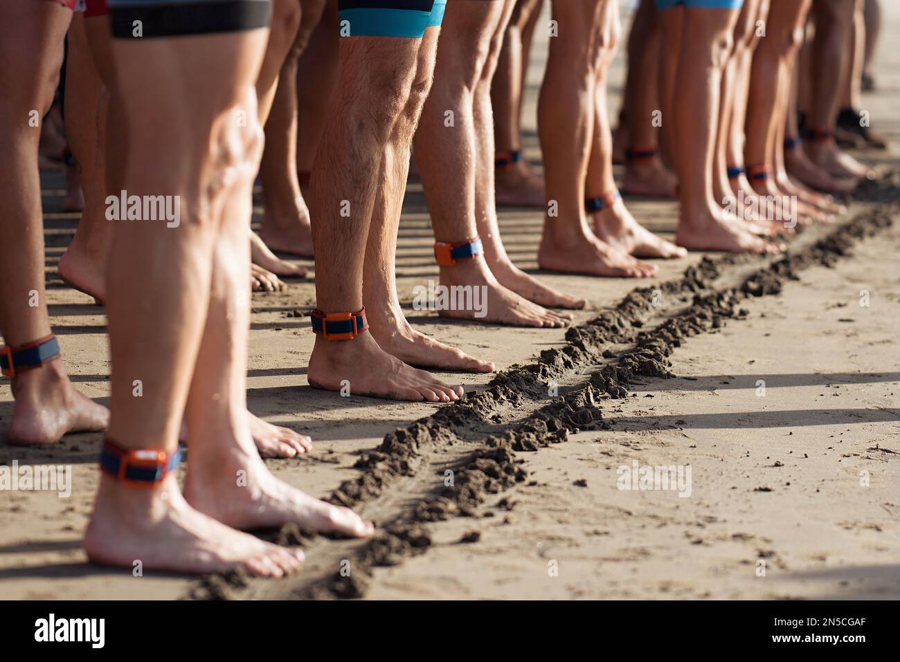 Triathlon athletes ready at startline, racing in swimming. Start of ...