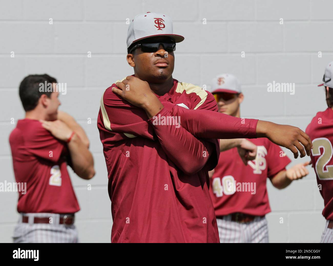 Florida State's Jameis Winston stretches before a spring training ...