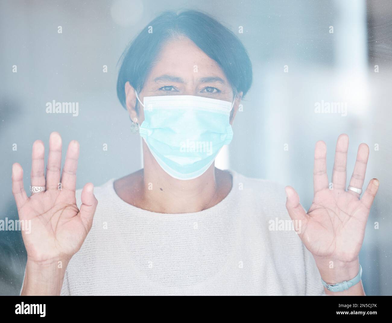 Old woman, face mask and Covid with health and safety, sad portrait ...