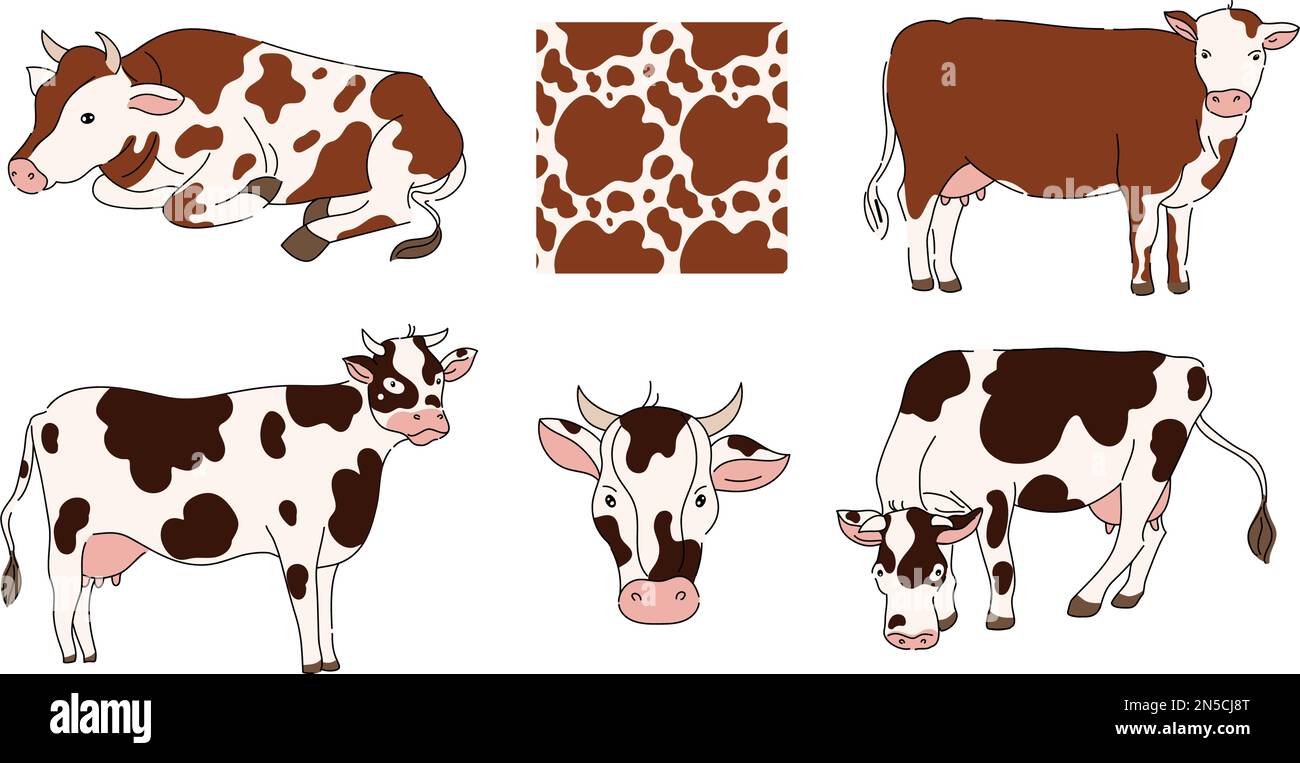 Cartoon cows. Animal from milk farm, lying and standing cattle with ...