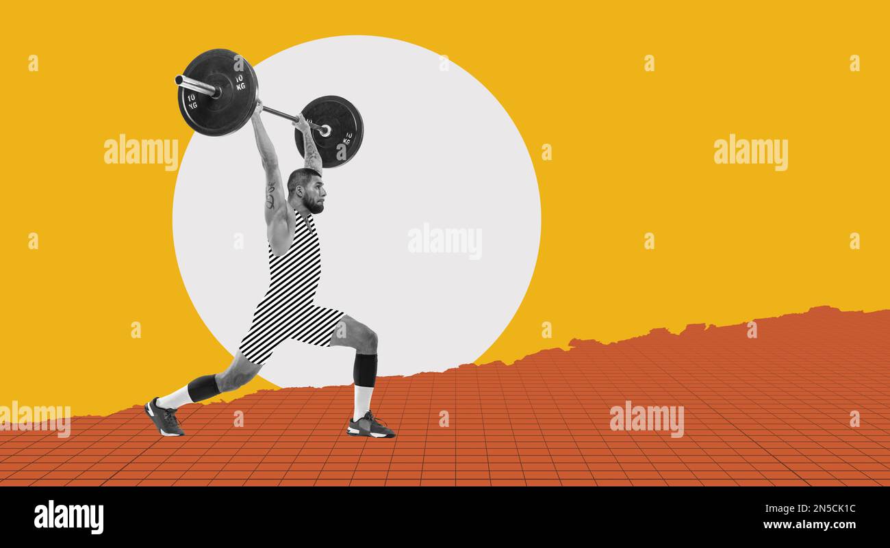 Modern creative design. Contemporary art. Young muscular athlete with ...