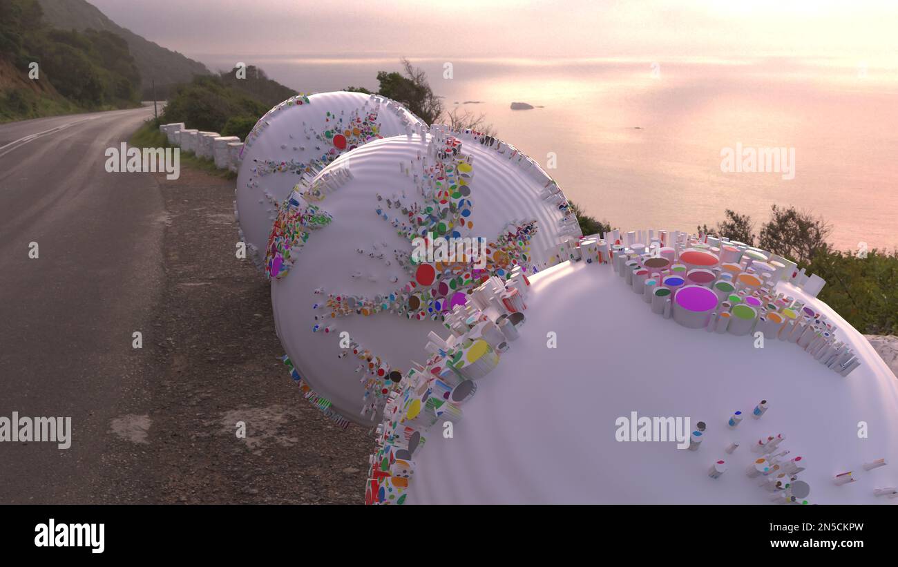 A 3D Illustration of an art installation with three spherical ...