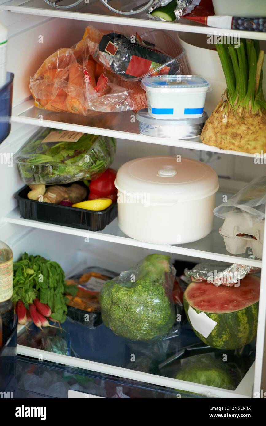 Jam-packed full of healthy food. Full view of a fridge interior jammed ...