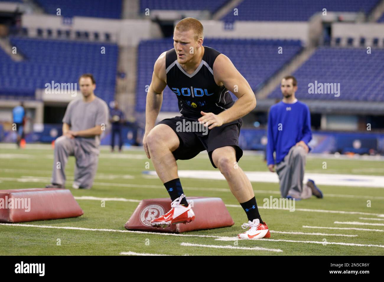Stanford defensive lineman Josh Mauro runs a drill at the NFL football ...