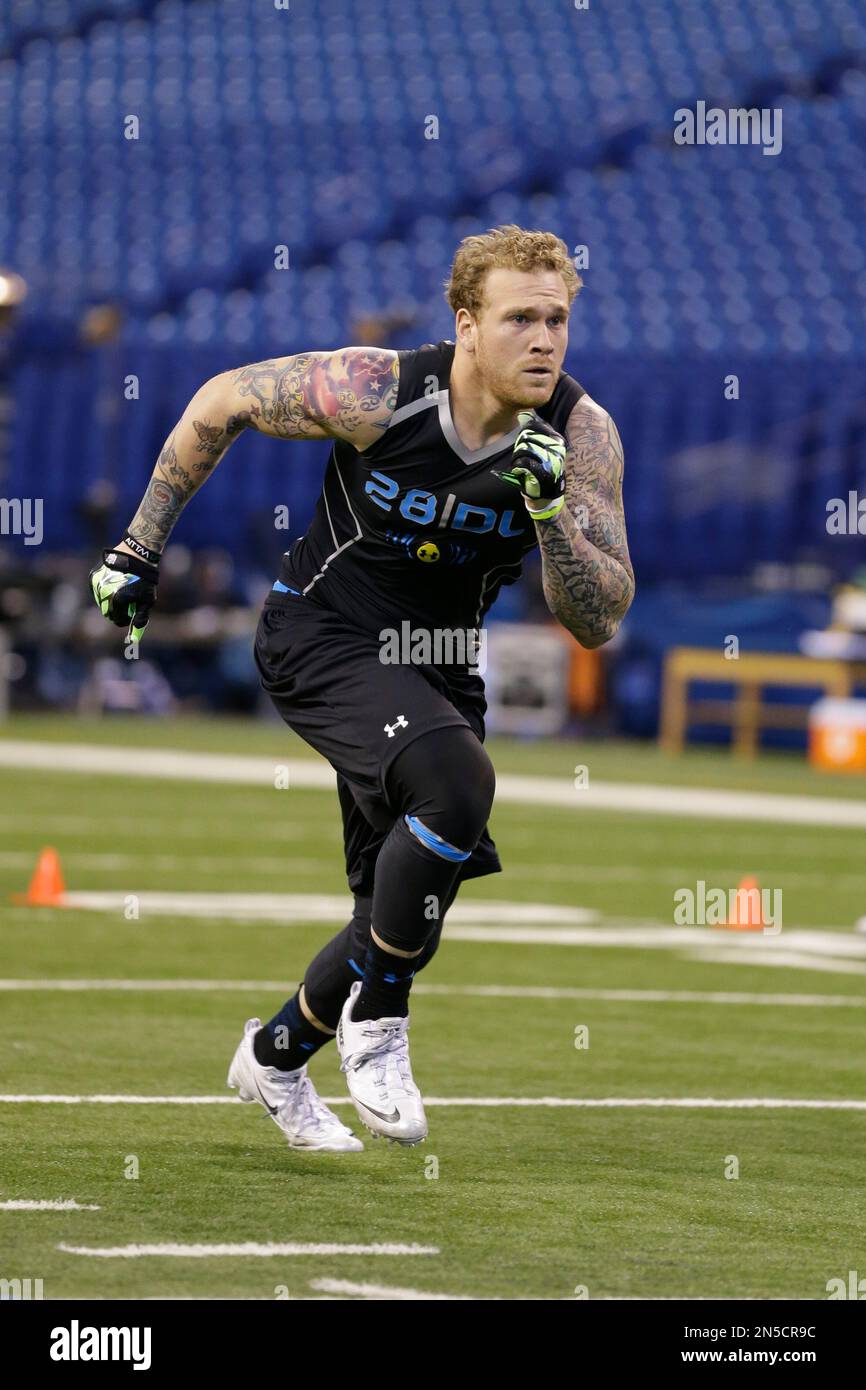 UCLA defensive lineman Cassius Marsh runs a drill at the NFL football ...