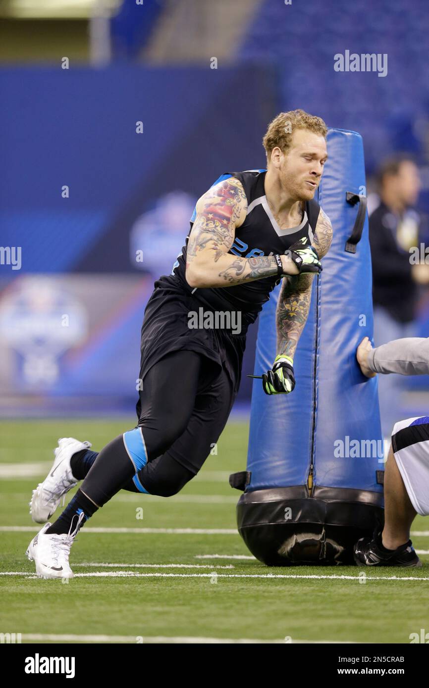 UCLA defensive lineman Cassius Marsh runs a drill at the NFL football ...
