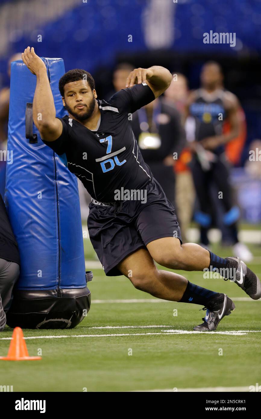 Pittsburgh defensive lineman Aaron Donald runs a drill at the NFL ...