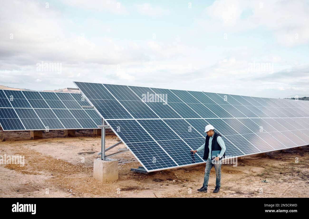 Engineering man, solar panel inspection outdoor for renewable energy ...