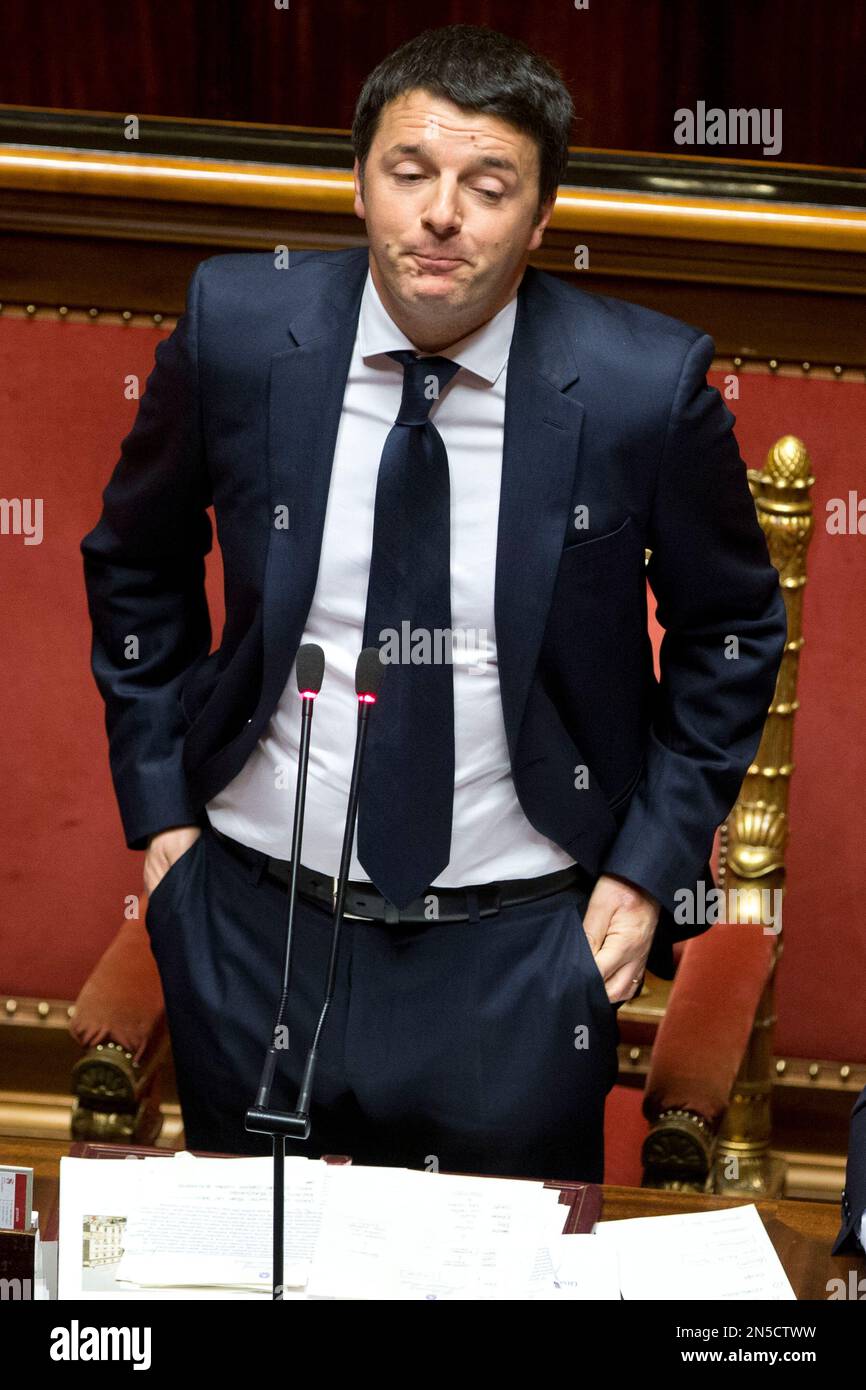 Premier Matteo Renzi delivers his speech prior to a confidence vote, at ...