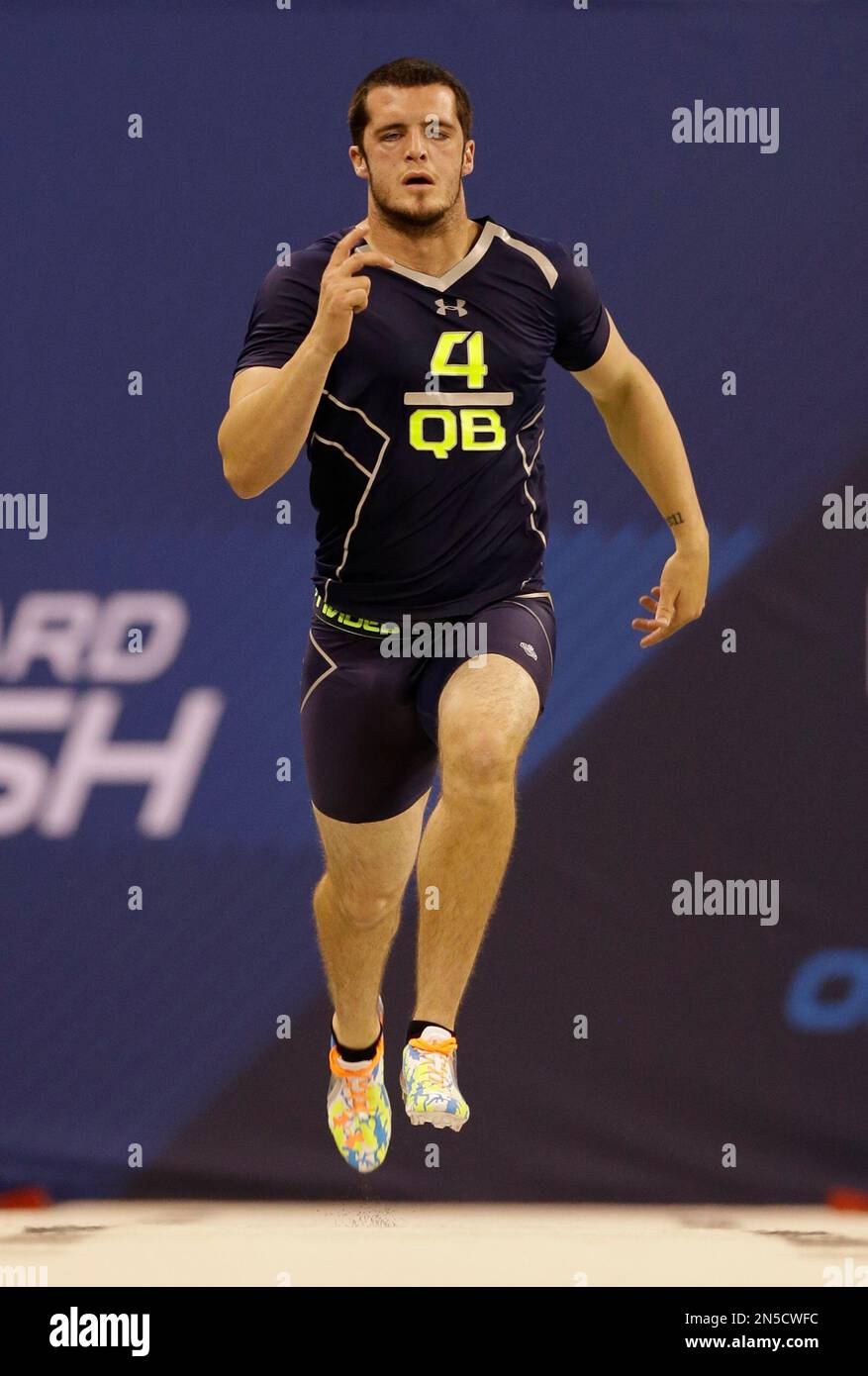 Fresno State quarterback Derek Carr runs a drill at the NFL football ...