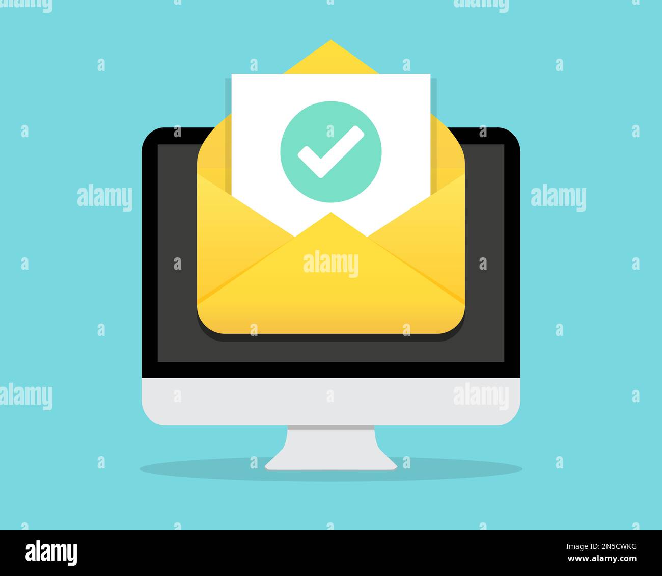 Computer monitor with open email message with tick in a flat design ...