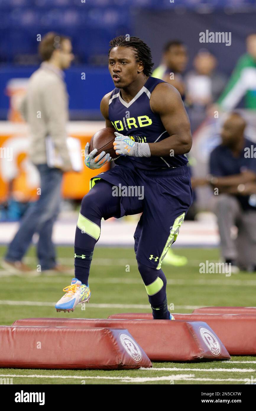 Sam Houston State running back Timothy Flanders runs a drill at the NFL ...