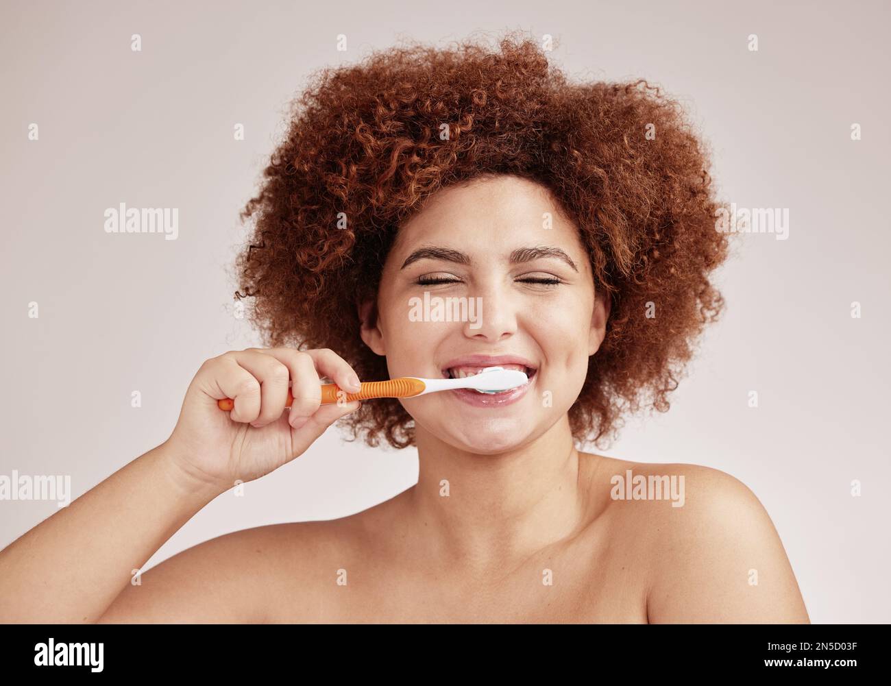 Happy woman, brushing teeth and toothbrush for clean and healthy mouth ...
