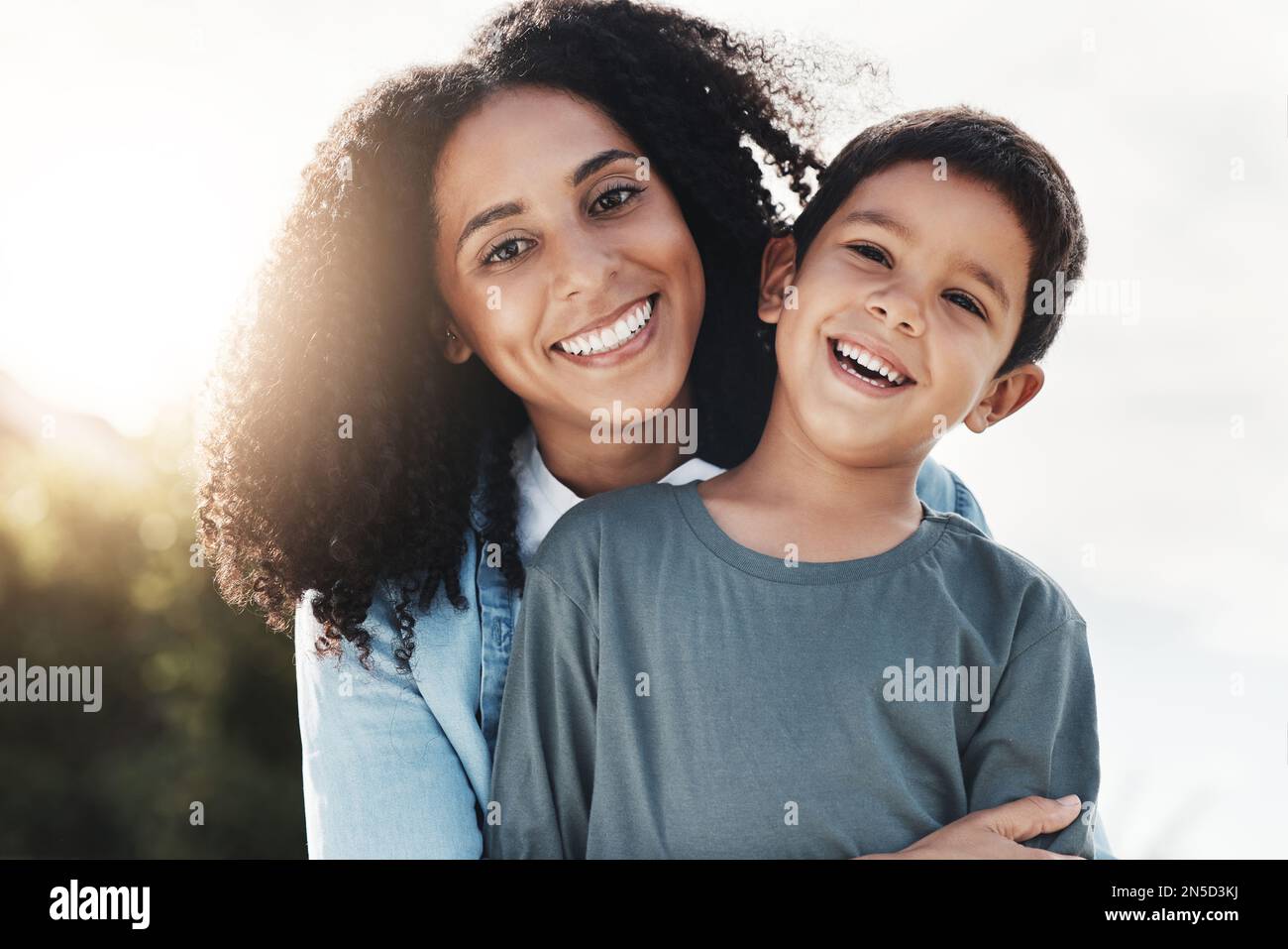 Happy family hug, portrait and child and mother bonding, laughing or ...
