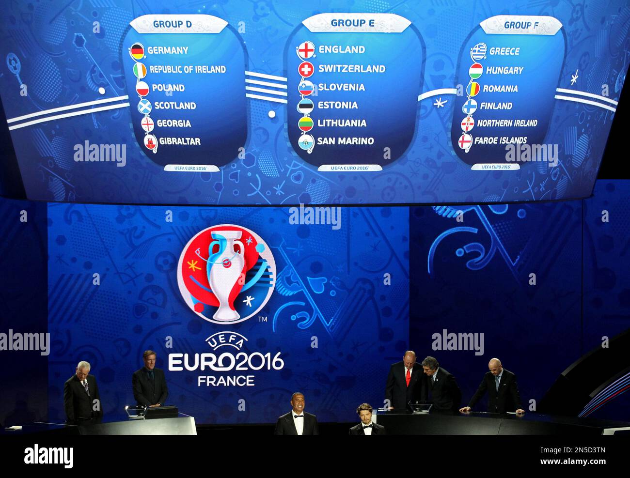 The final draw for the UEFA Euro 2016 qualifying is displayed on an electronic board after the draw ceremony at the Acropolis Convention Centre in Nice southeastern France Sunday Feb 23 2014