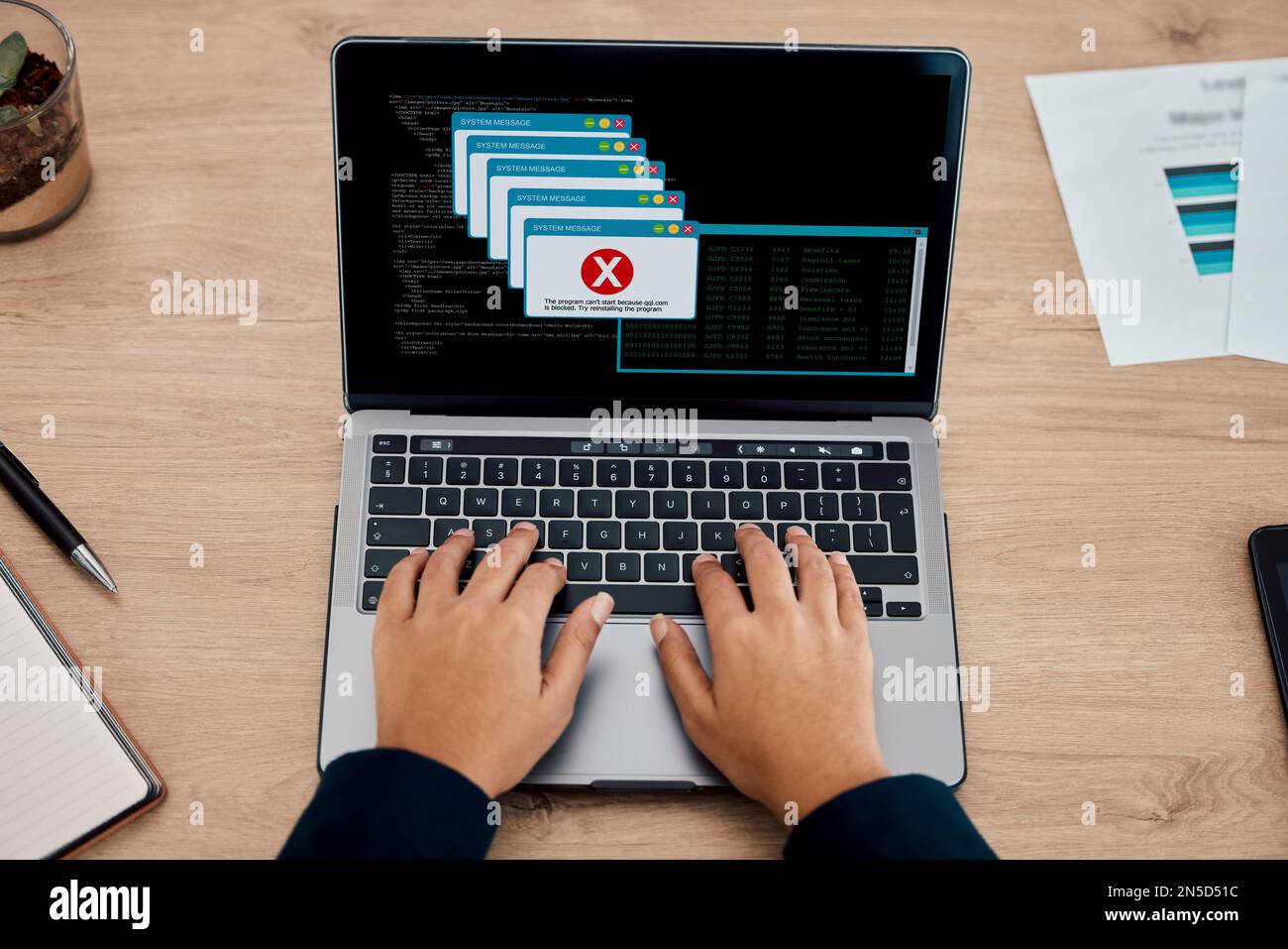 Error, office and hands typing on a laptop working on a web development ...