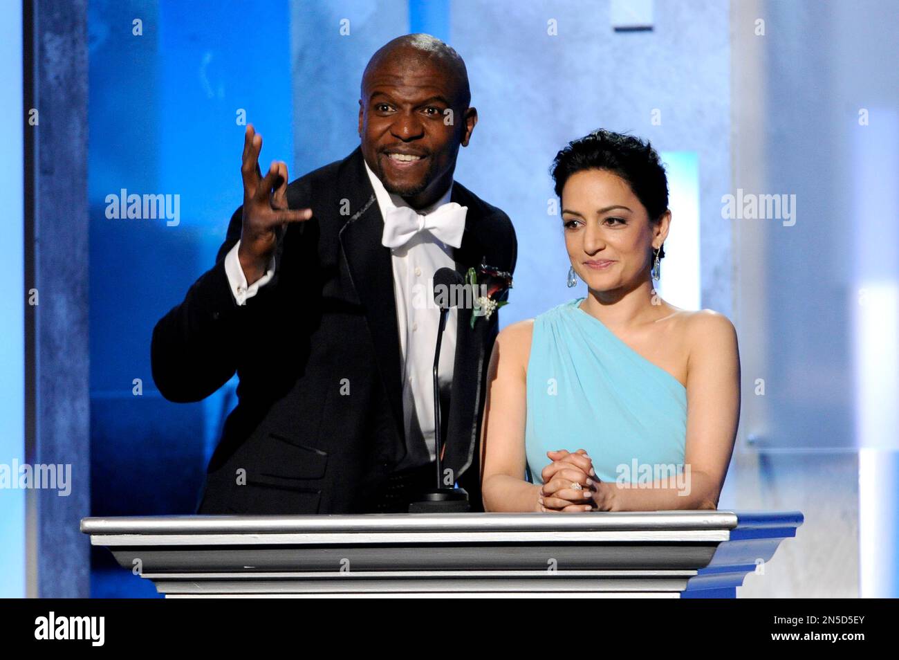 Terry Crews, left, and Archie Panjabi speak on stage at the 45th NAACP ...