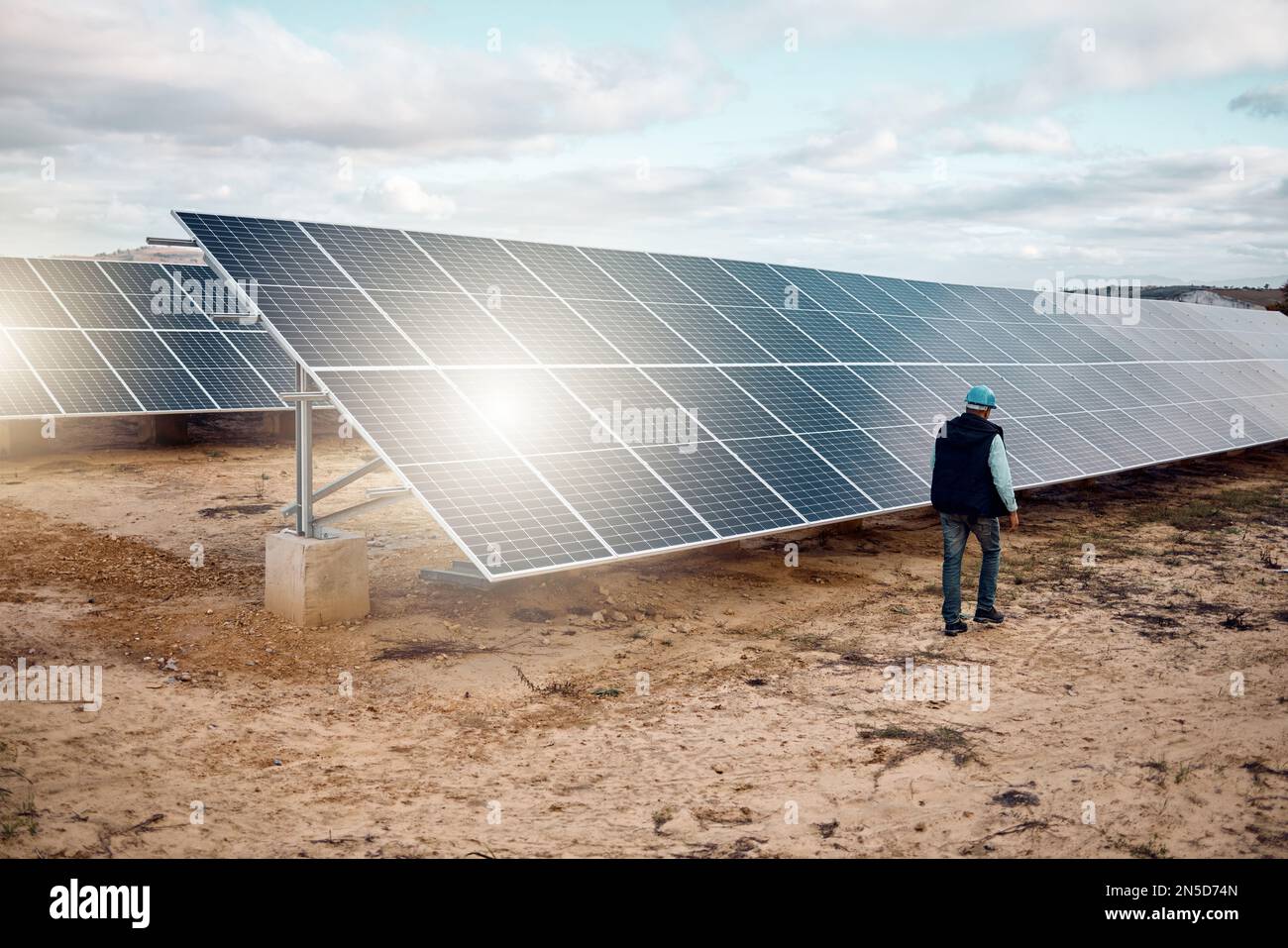 Engineer man, desert and solar panel inspection for future, renewable ...