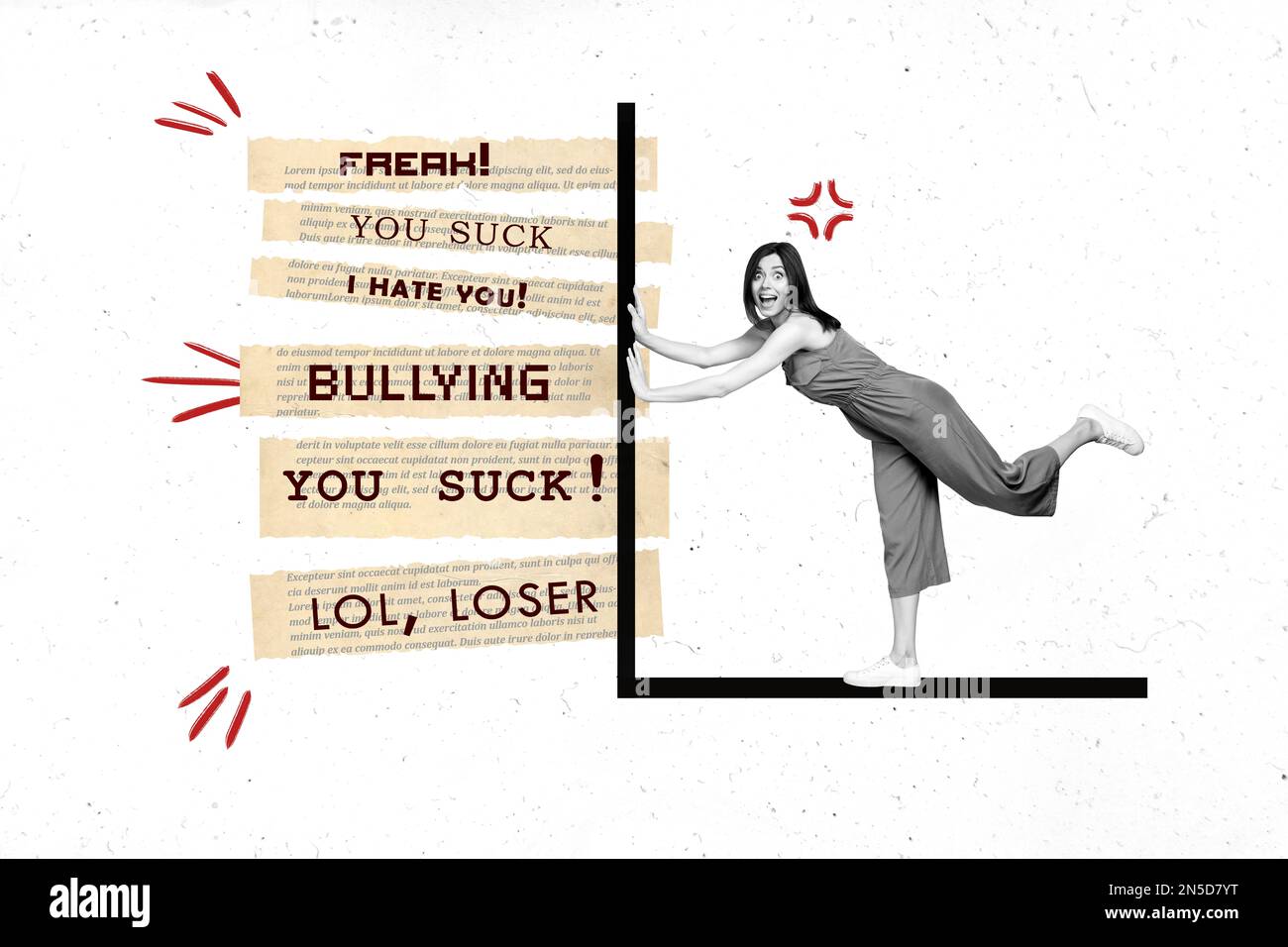 Photo collage artwork minimal picture of smiling lady blocking all ...