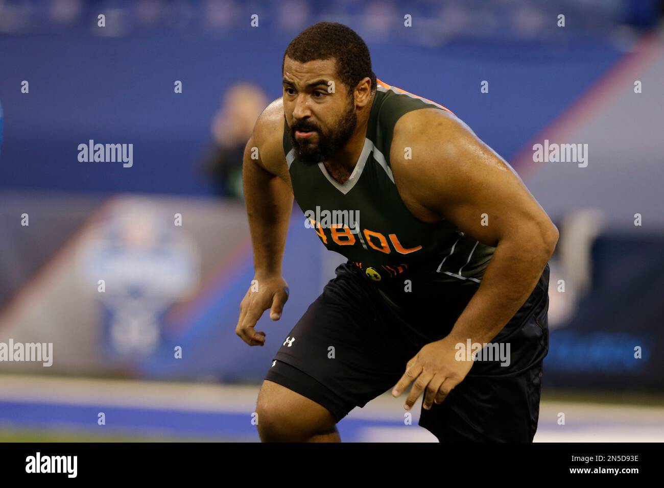 Penn State offensive lineman John Urschel runs a drill at the NFL ...
