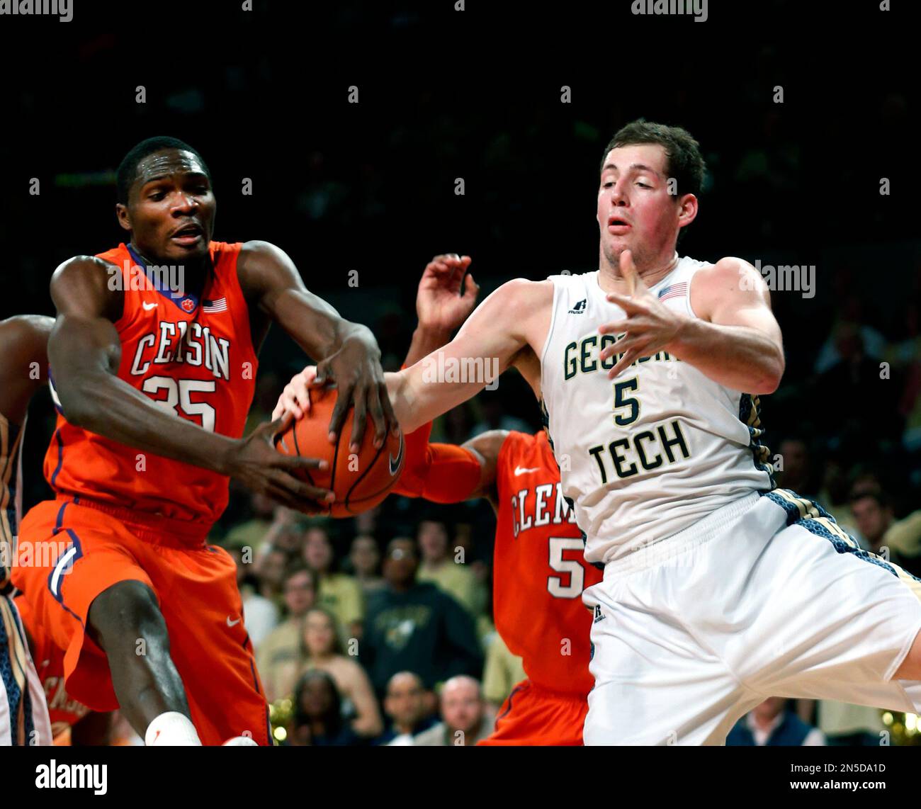Clemson center Landry Nnoko (35) and Georgia Tech center Daniel Miller ...
