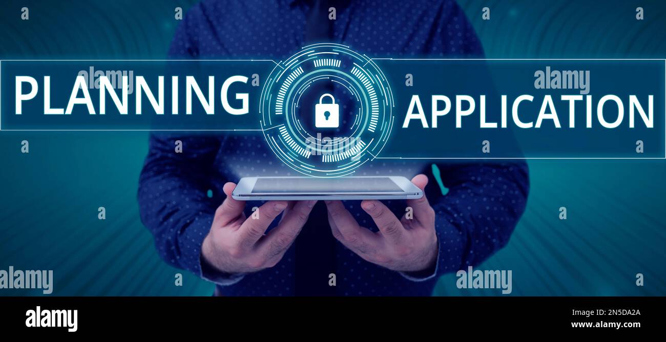 Hand writing sign Planning Application. Business overview request to a ...