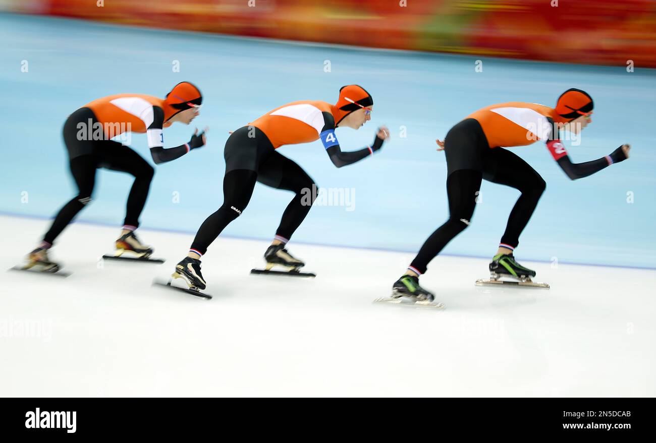 Speedskaters from the Netherlands, left to right, Marrit Leenstra ...
