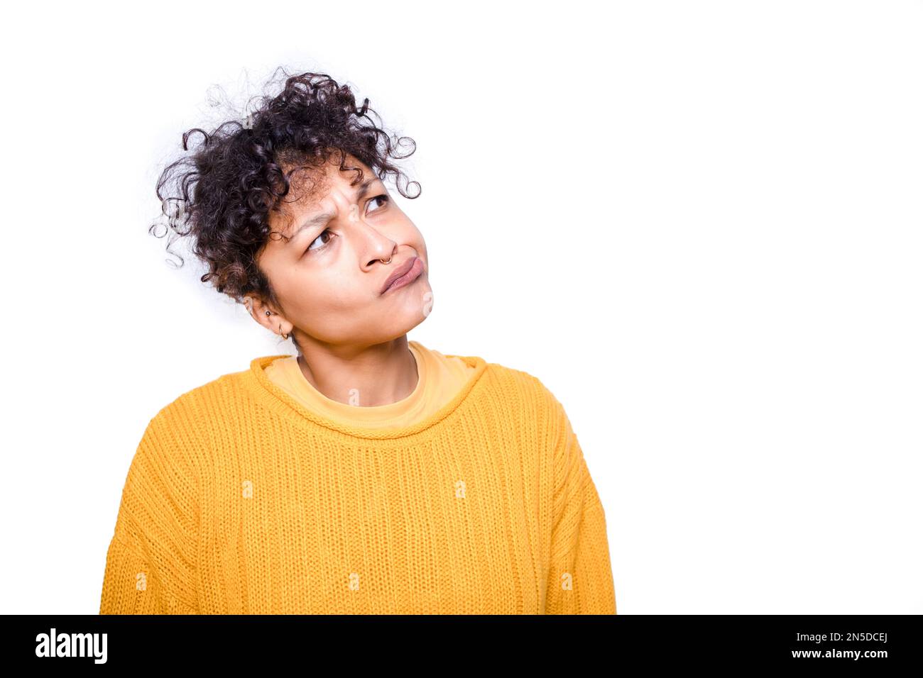 Doubtful black woman face portrait isolated on white background Stock ...