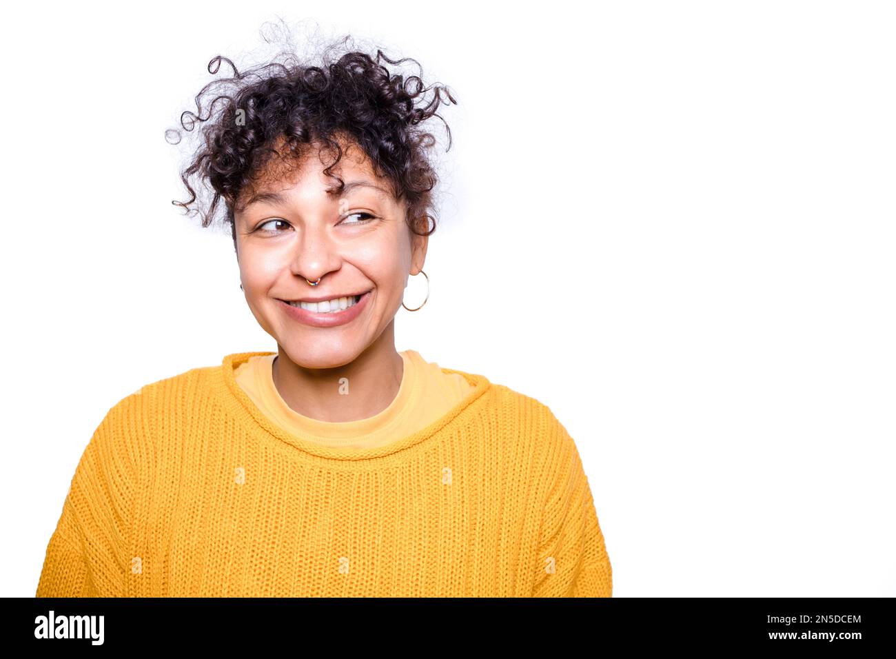 Smart and clever black woman face expression on white background Stock ...