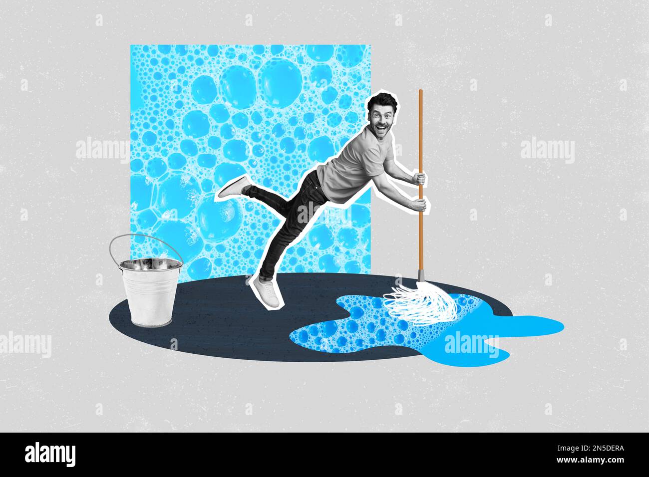 Creative collage photo of young excited housekeeper man hold swabber ...