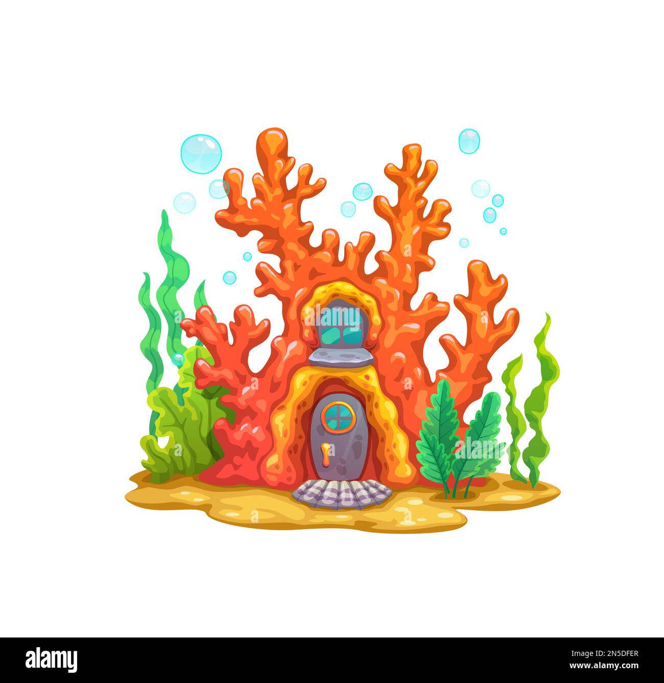 Cartoon underwater coral fairy house. Vector adorable princess mermaid ...