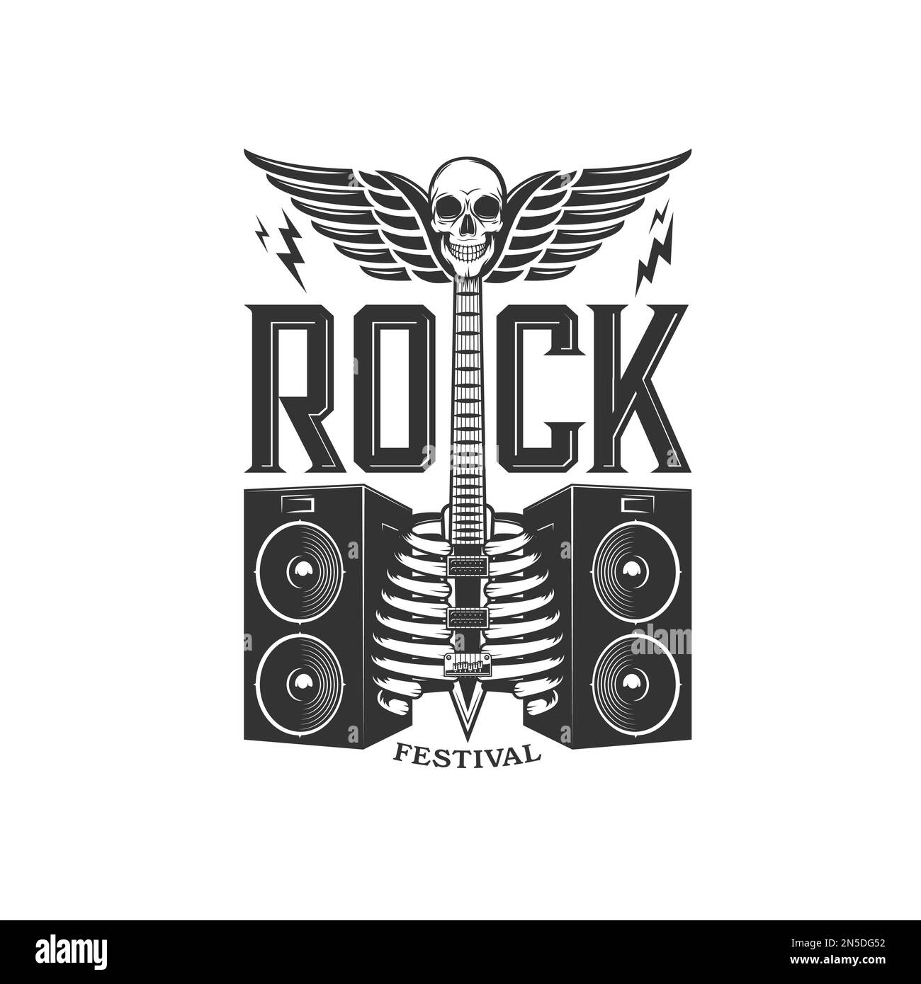 Hard rock festival icon with skull and bass guitar, concert music band ...