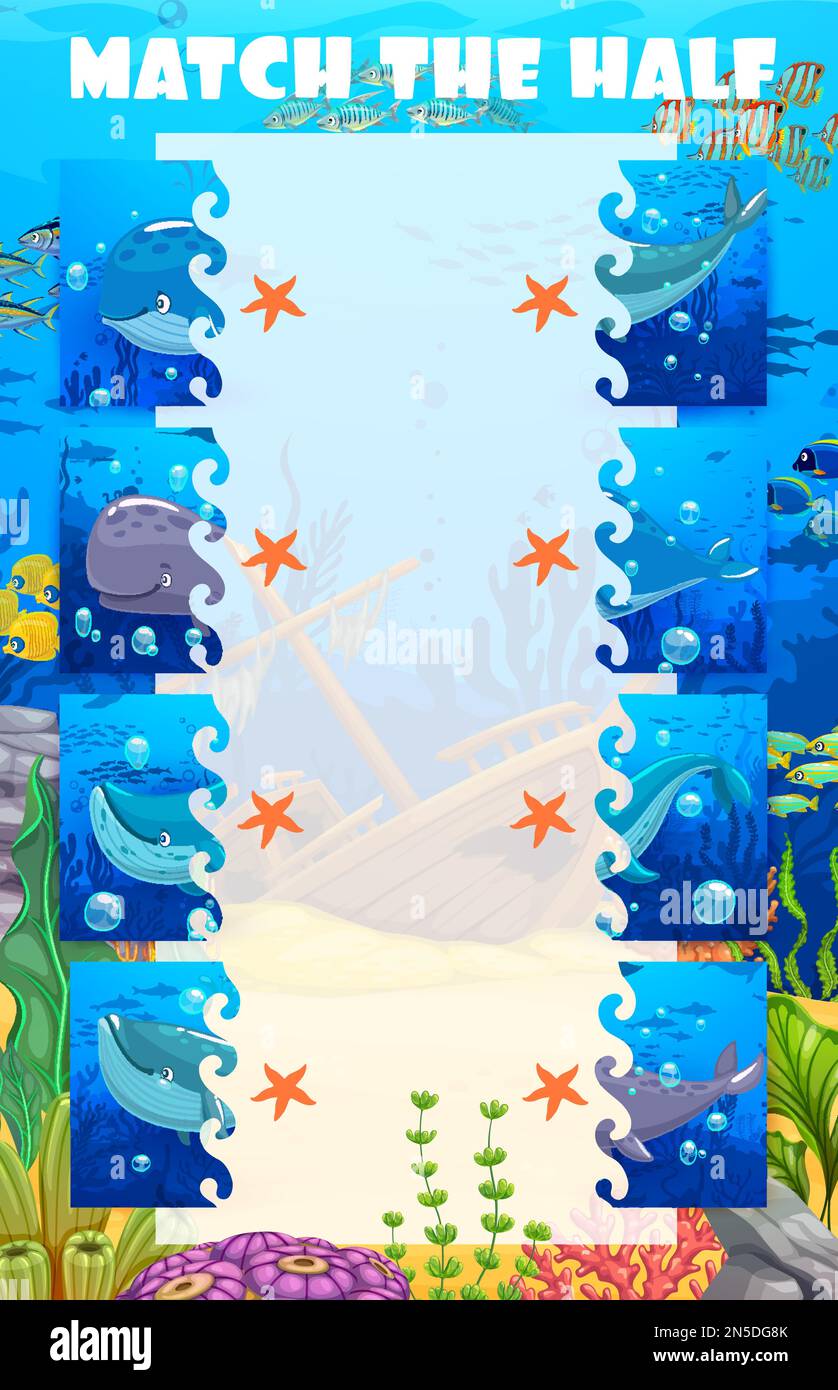 Match the half of underwater landscape and cartoon whale animals ...