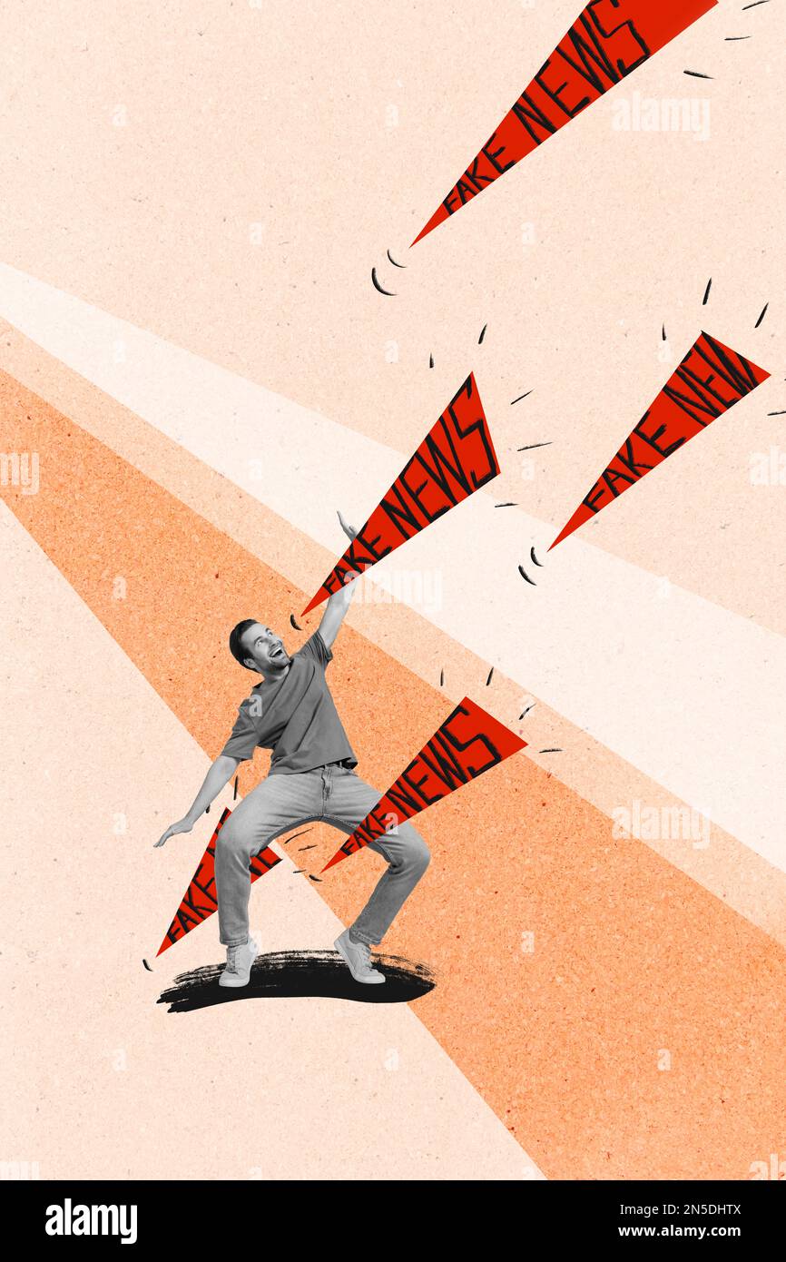 Vertical collage photo design of young funny miniature man fights ...